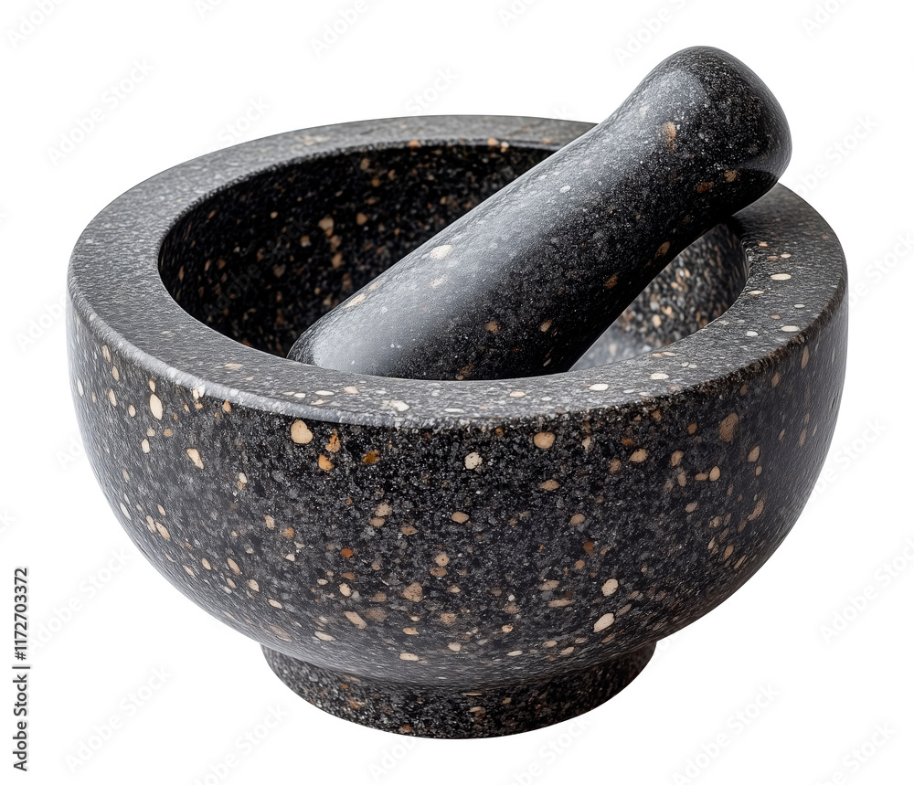 Classic granite mortar and pestle for kitchen use isolated in a ...