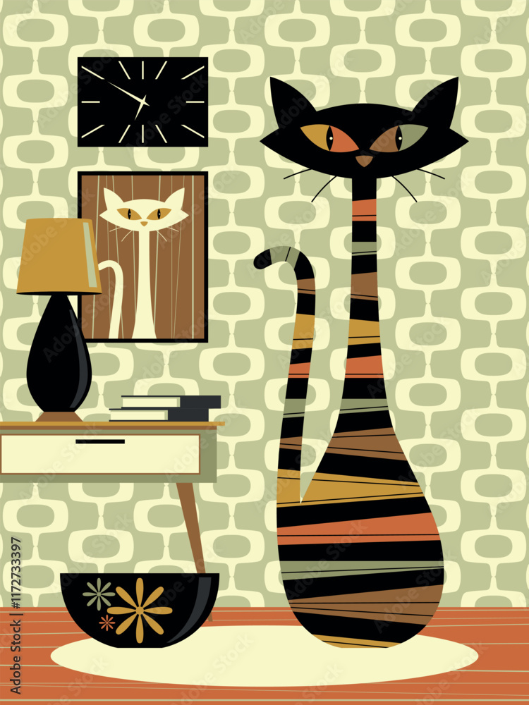 Vector de Stock Black cat in stylish 1960s room with portrait of ...