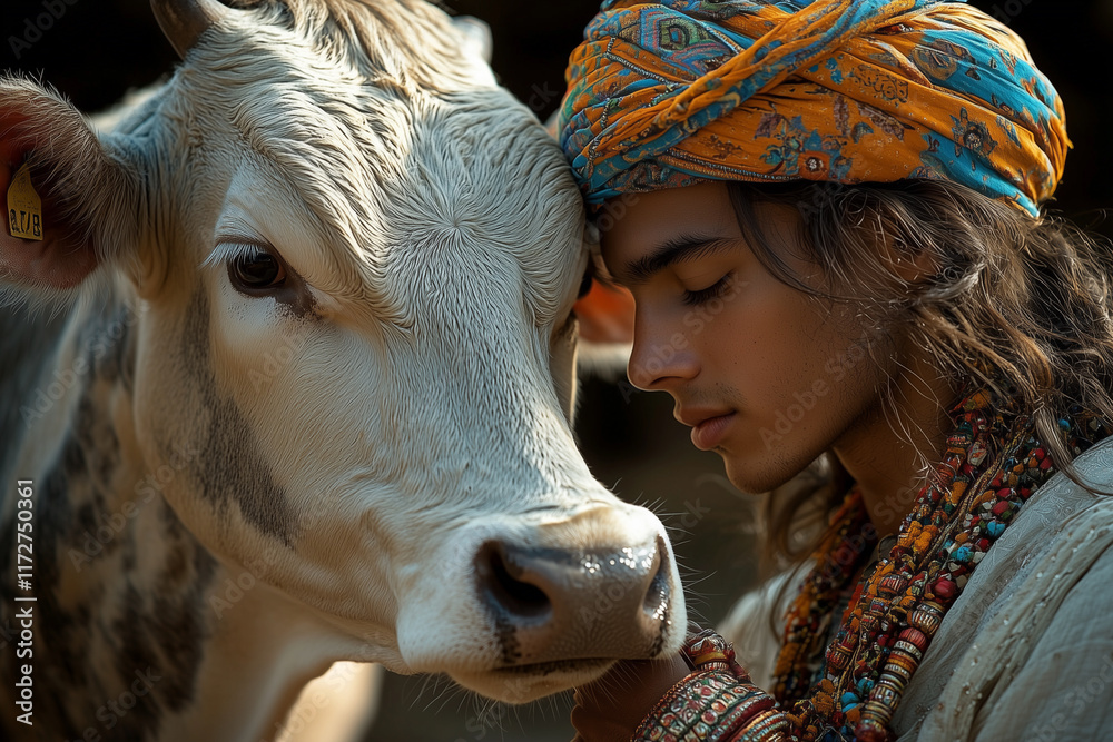 young indian farmer with turban and cow in colorful decorations under ...
