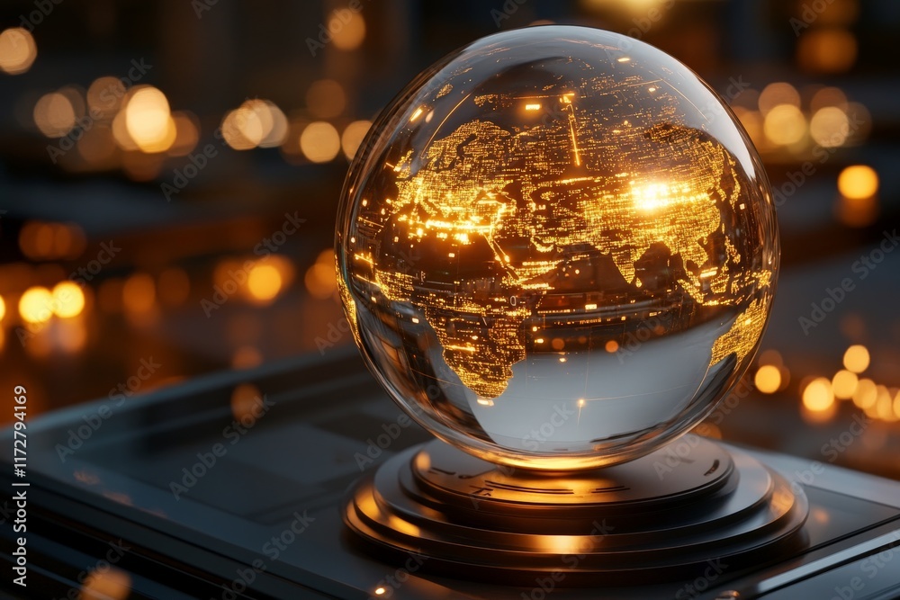 Illuminated globe display showcasing a detailed map of the world, with ...