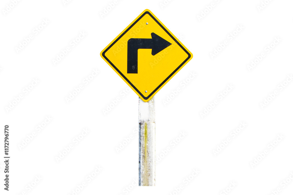 Warning traffic sign yellow right turn sign on concrete pole isolated ...