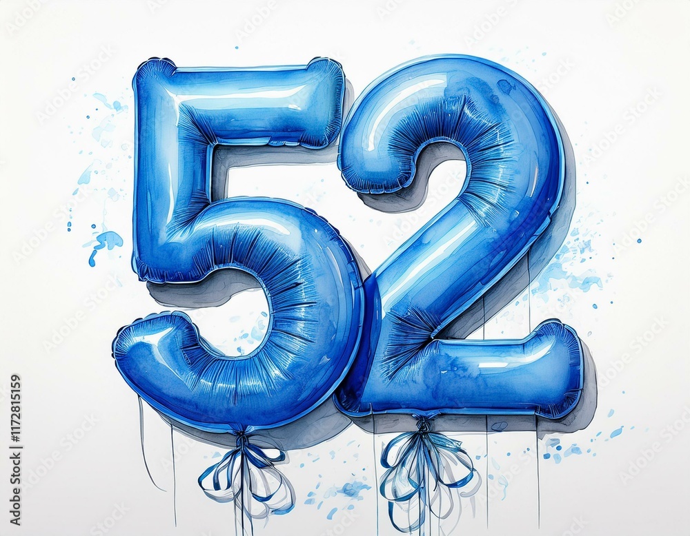 Blue birthday / anniversary balloon, number 52, watercolor painting ...
