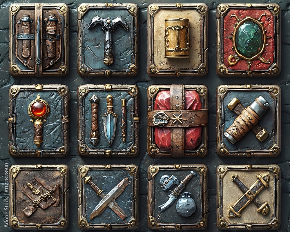 3D RPG inventory icons featuring weapons potions armor and tools on ...