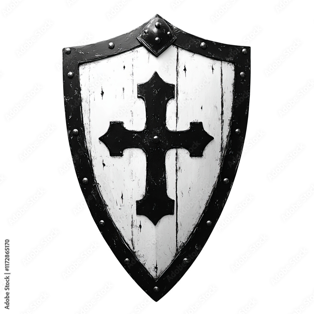 Heraldic Shield: A weathered heraldic shield, with a bold cross emblem ...