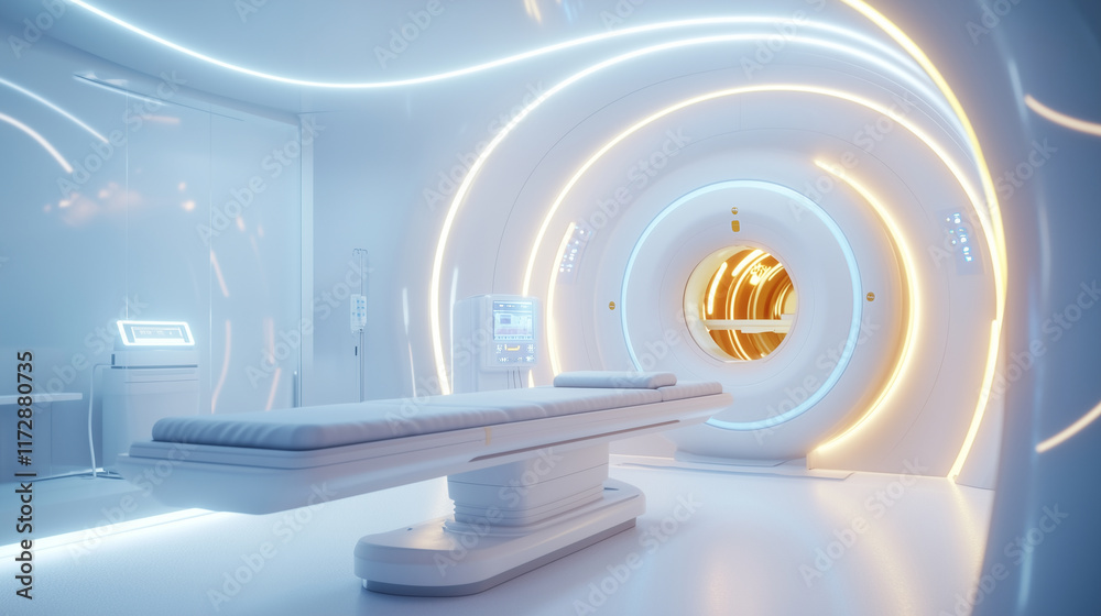 View inside an MRI scanner room, focusing on the circular machine ...