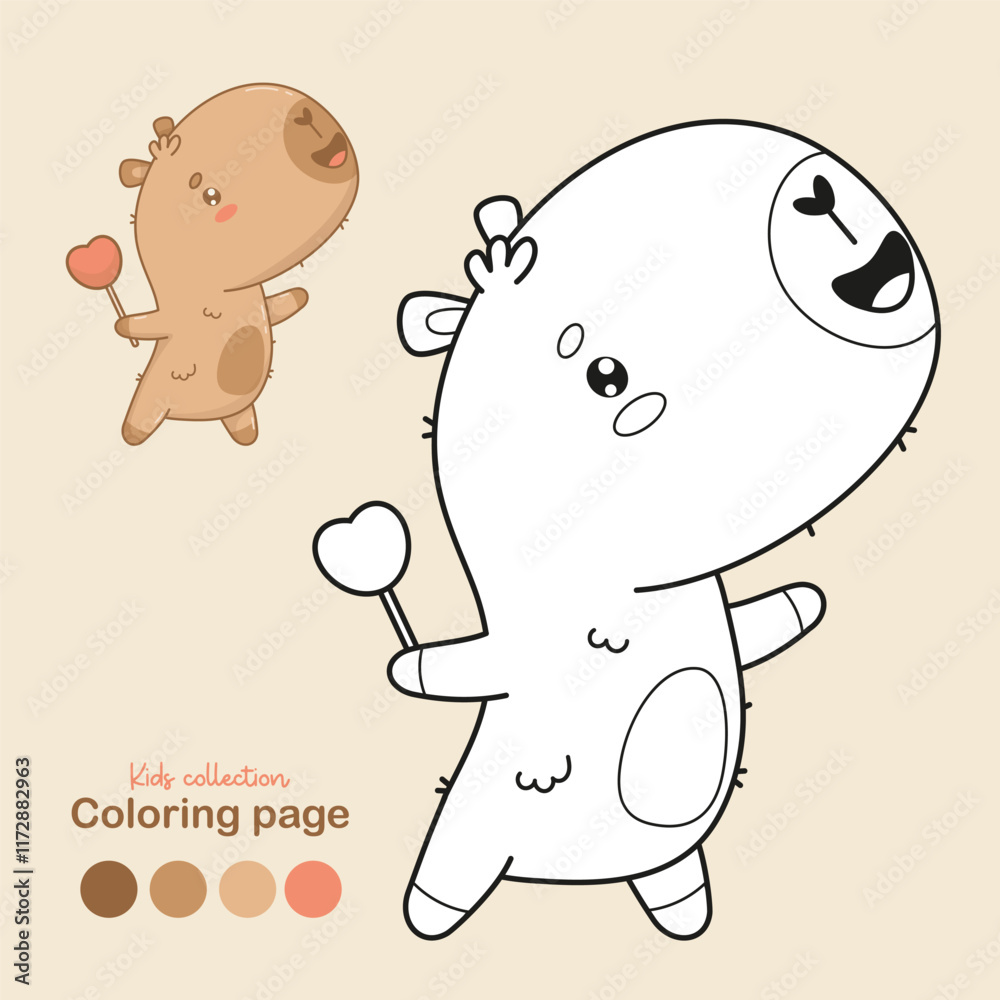 Outline capybara with heart. Happy cartoon kawaii animal. Isolated ...