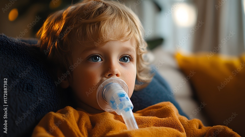 Adorable Toddler with cystic fibrosis Using an Inhaler A young boy sits on a couch, using a ...