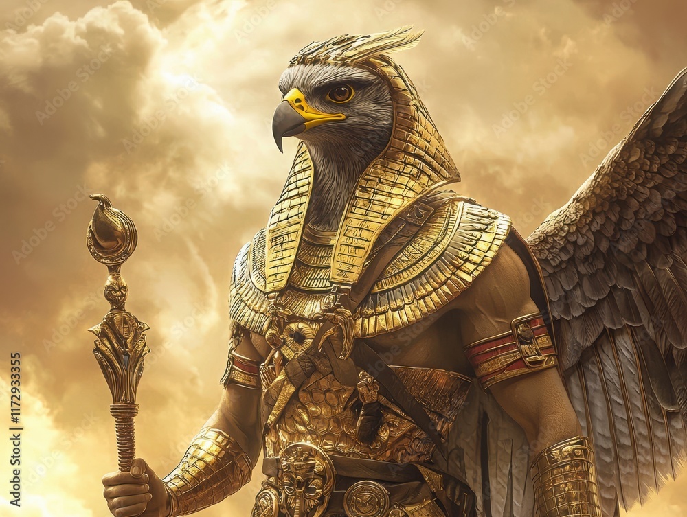 Majestic Egyptian God with Golden Armor and Hawk Features Stock ...