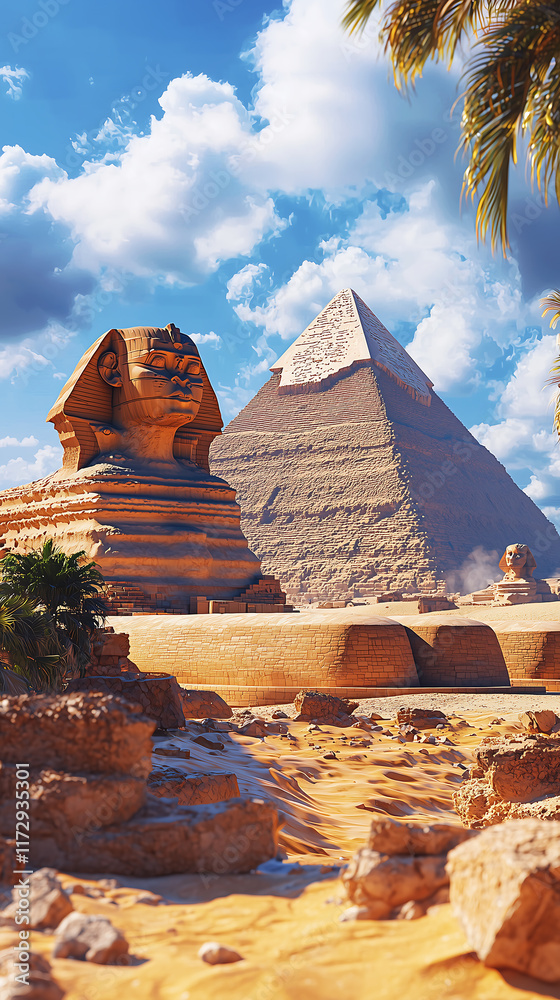 Ilustrace The Great Sphinx of Giza and the Pyramid of Khafre under a ...