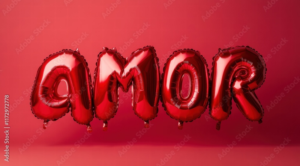 Artwork depicting the word "amor" made from red metallic balloon ...