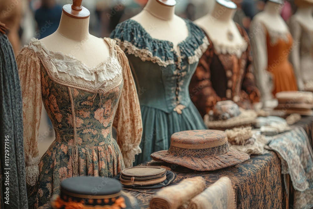 Mannequins wearing renaissance dresses and hats on display at medieval ...