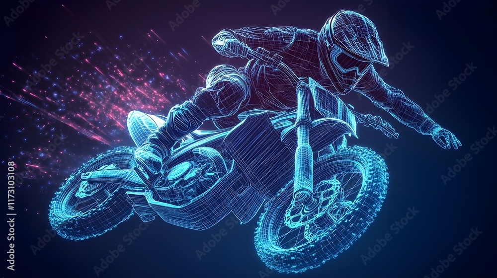 Holographic motorcycle rider, neon blue energy trails, dynamic racing ...