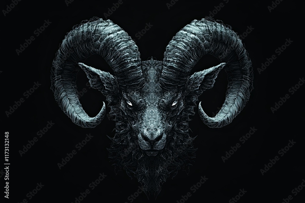 Dark, stylized ram head illustration with large horns against black ...