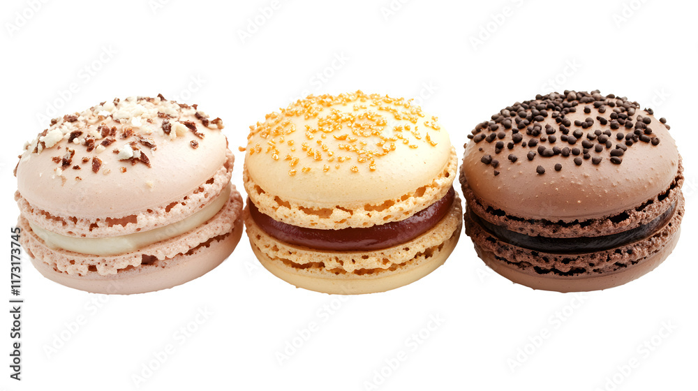 Three different colored macarons stacked on top of each other. The ...