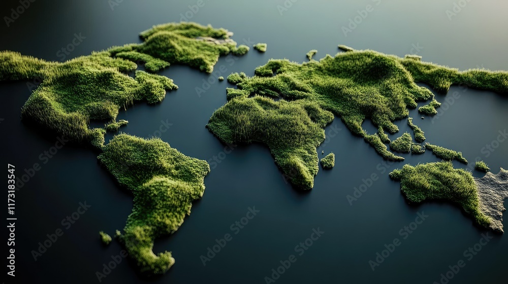 Nature-inspired global map with continents made of fresh grass textures ...