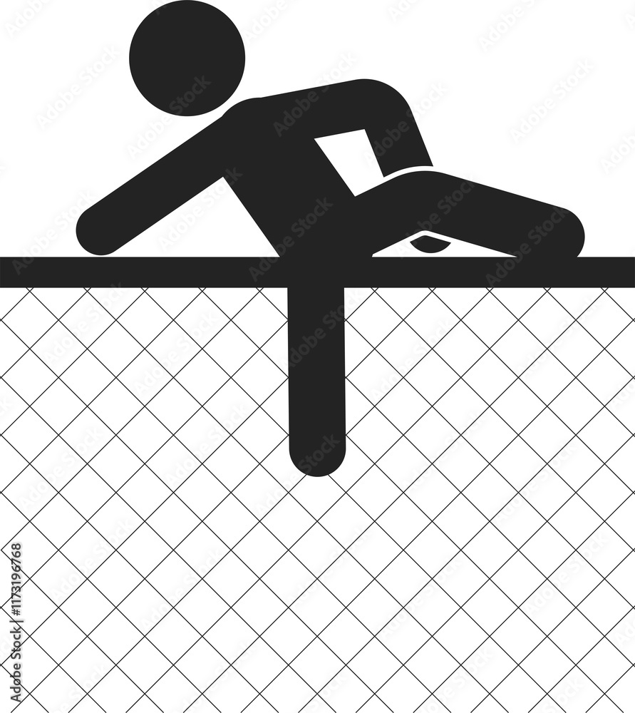Isolated pictogram shows a stick figure climbing a mesh wire fence ...