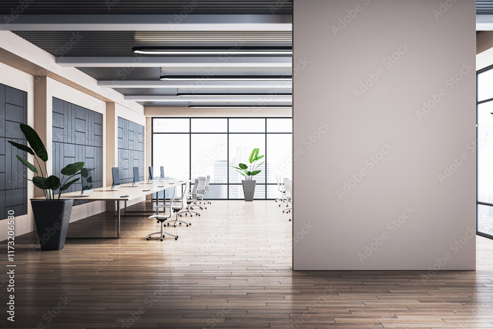 Modern office space with empty wall for mockup, large windows, desks ...