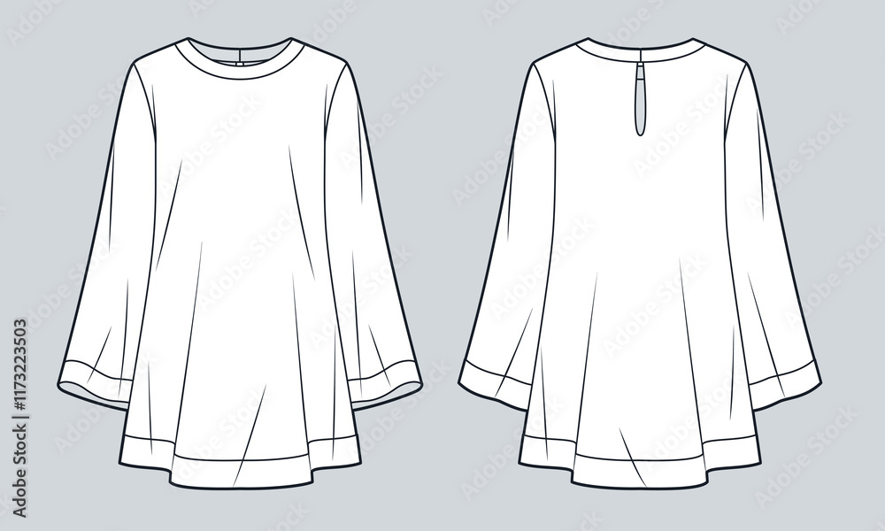 Tunic Dress technical fashion Illustration. Bell Sleeve Dress fashion ...