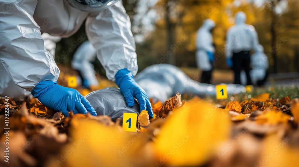 crime scene investigation with police officers in white hazmat suits ...