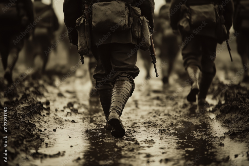 Stock-Foto „soldiers marching in formation, they move along a muddy ...