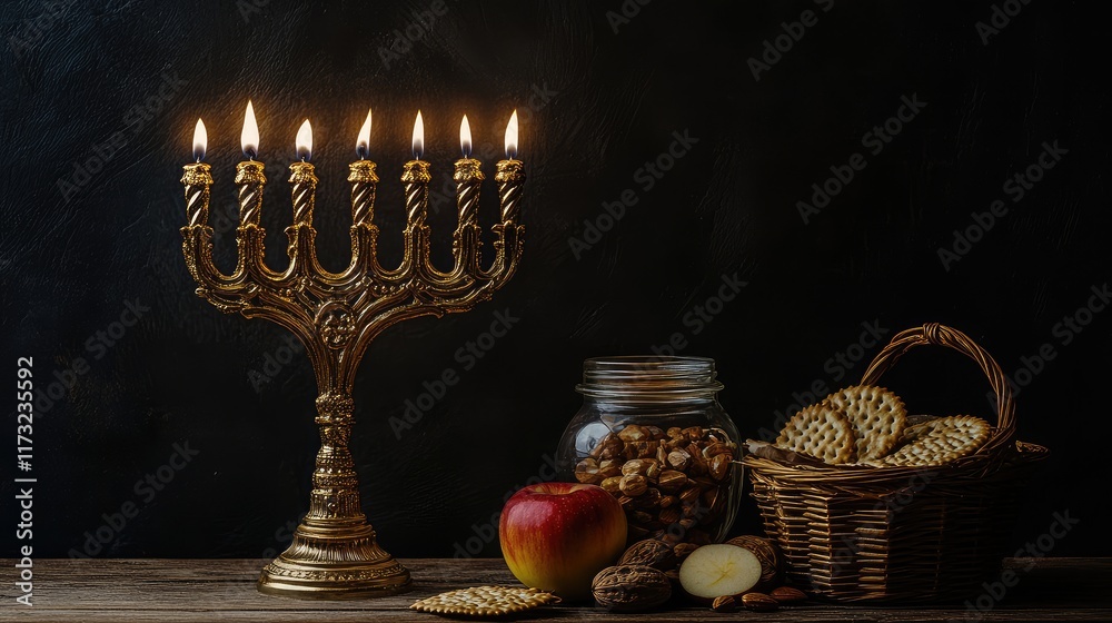 Photograph of a Hanukkah-themed background with a gold and black color ...