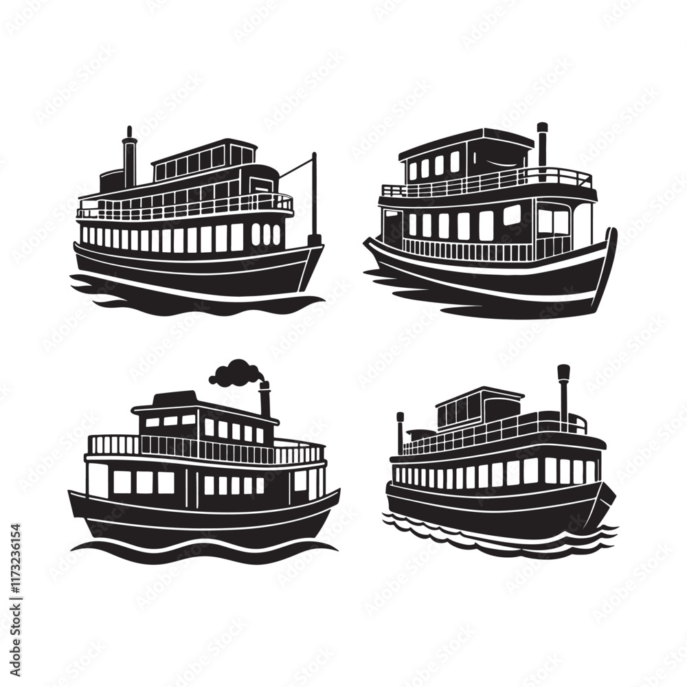 ser of riverboat silhouette, black and white silhouette, vector and ...