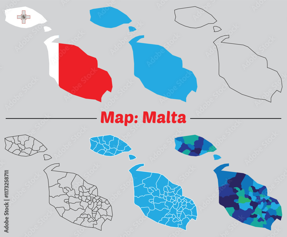 Malta country map set. internal provinces borders marked, Simple map of ...