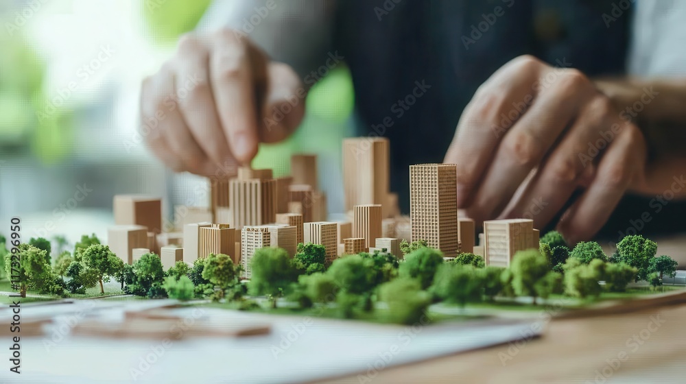 Architect designing a sustainable city model, balancing structure and ...