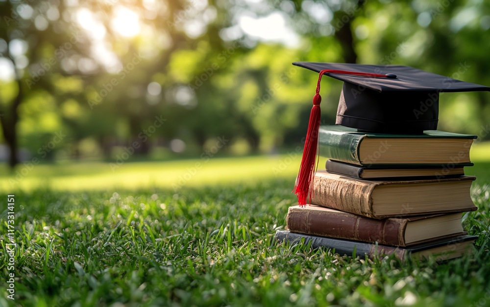 Education congratulation concept with mortarboard, graduation scroll ...