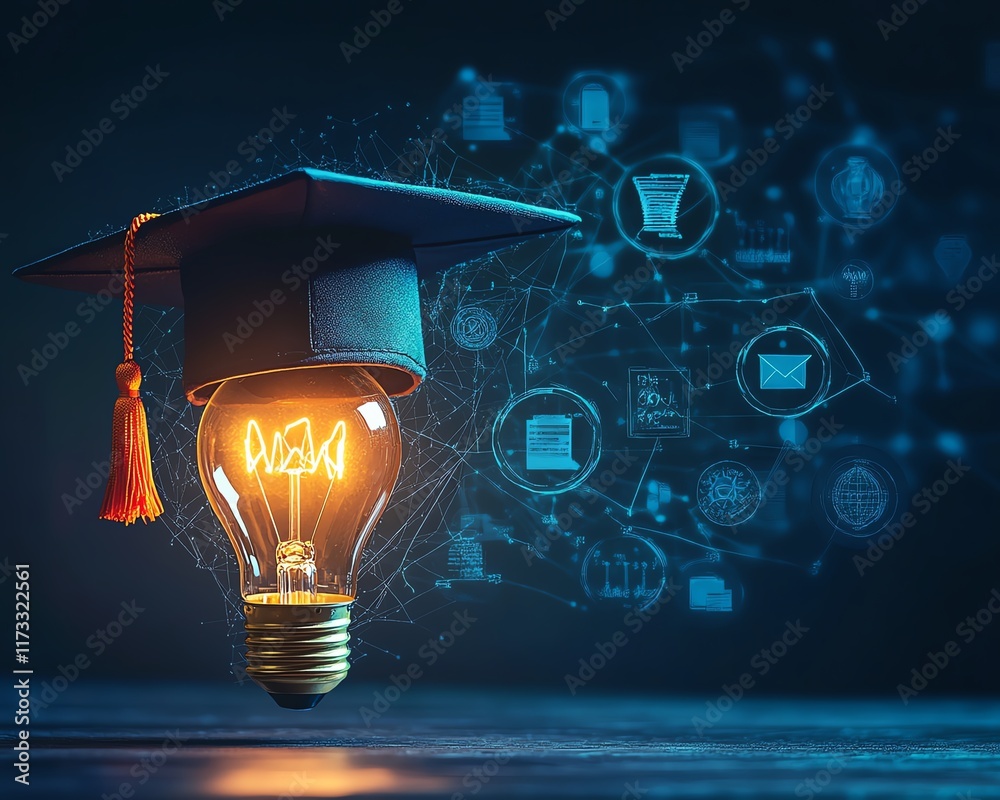 Graduation cap and lightbulb with education icons in an elearning ...