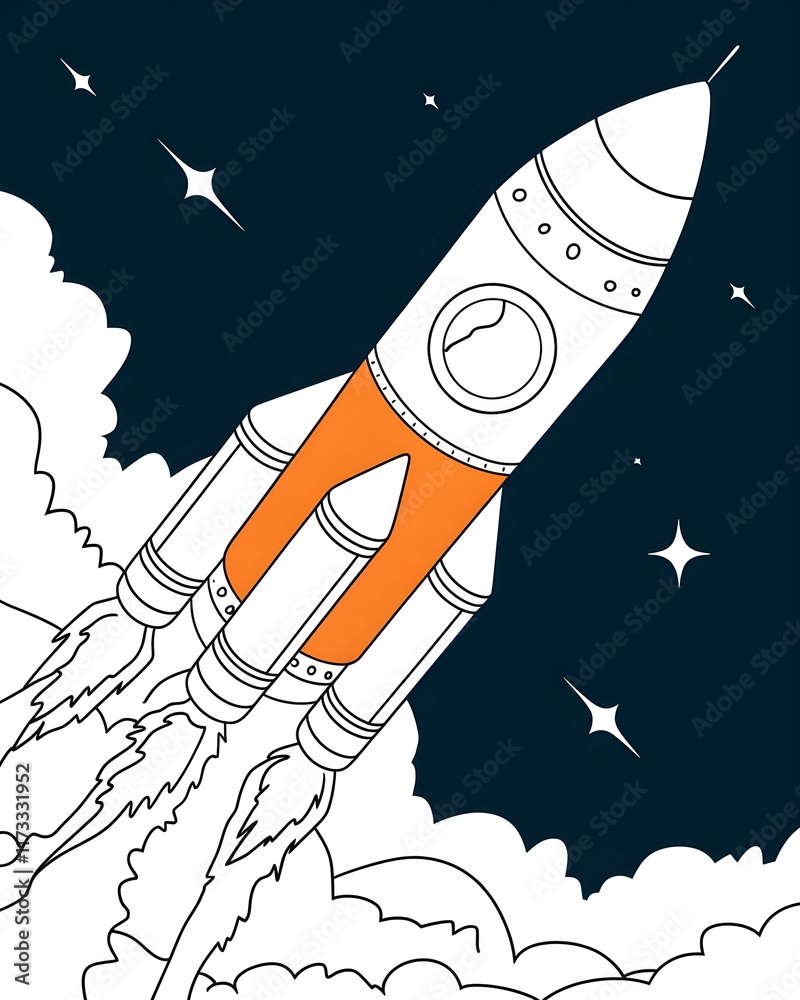 Cute rocket in space outline line art coloring page, Kids coloring book ...