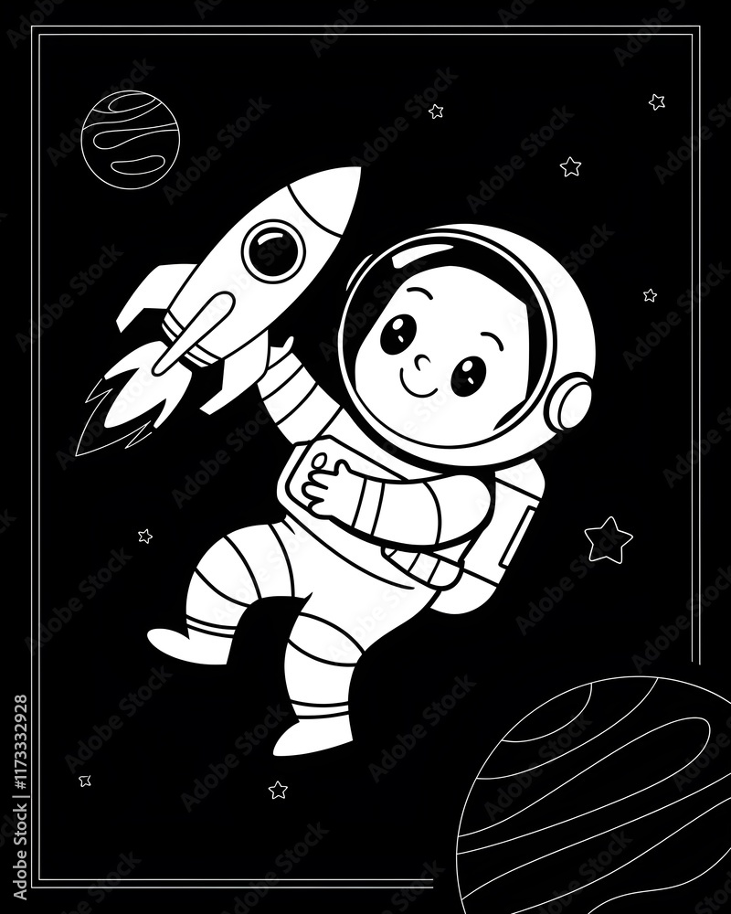 Cute astronaut in space outline line art coloring page, Kids coloring ...