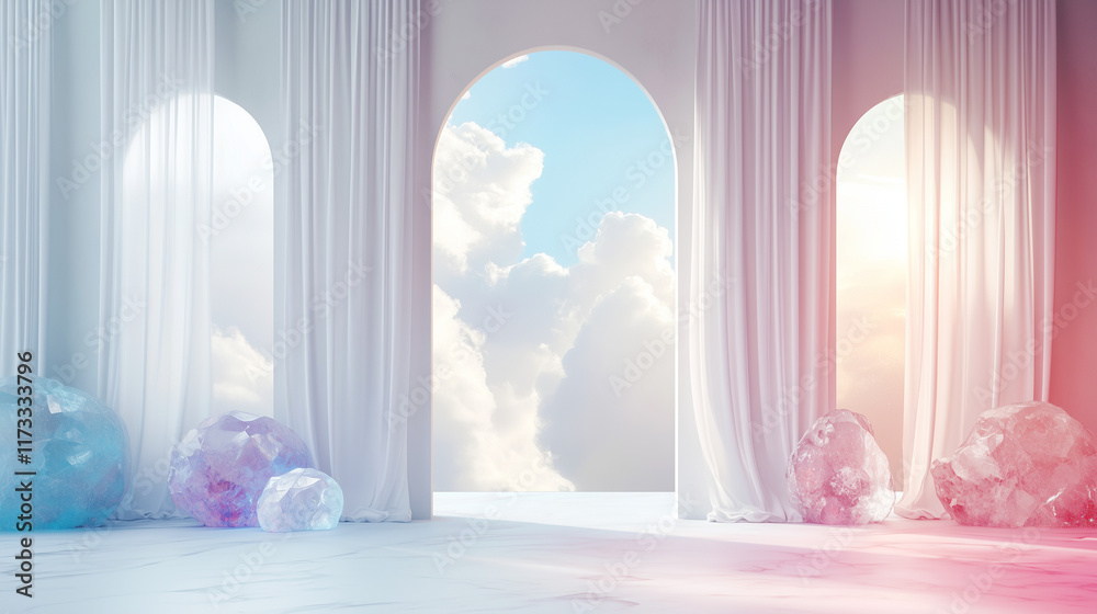 Serene arched window backdrop with pastel crystals and sky view for ...