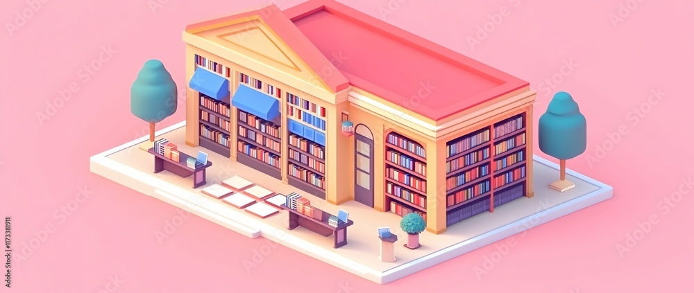 Isometric illustration of a bookstore with bookshelves, awnings, and ...