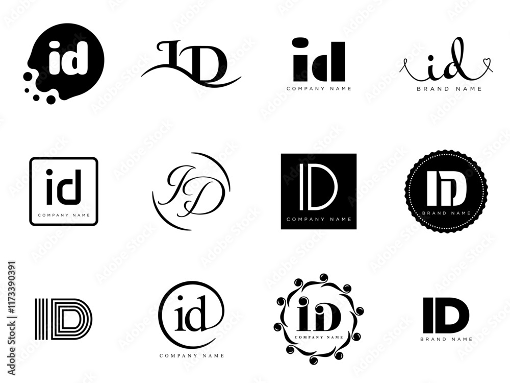 ID logo company template. Letter i and d logotype. Set different ...