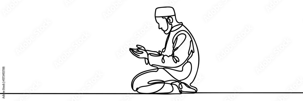 Continuous one line drawing a muslim man praying to god . Hajj and ...