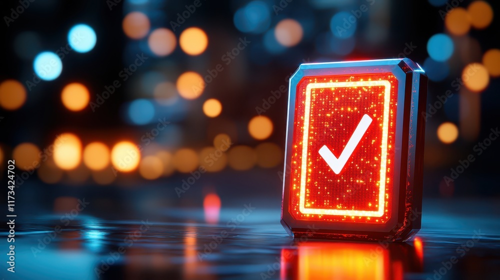 Red light shines on check mark symbol, success, completion, and ...