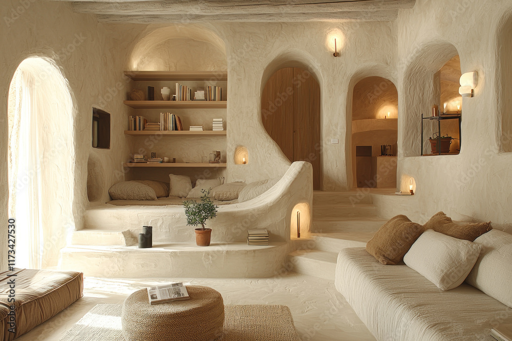Cozy cave house interior with arched doorways, built-in seating ...
