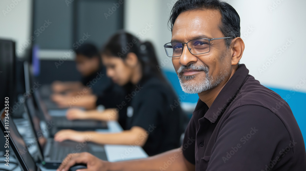 Indian teacher guiding technology workshop, high school students ...