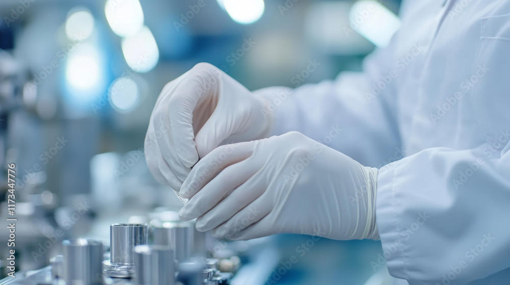 Gloved hands performing quality control, ensuring sterile manufacturing ...