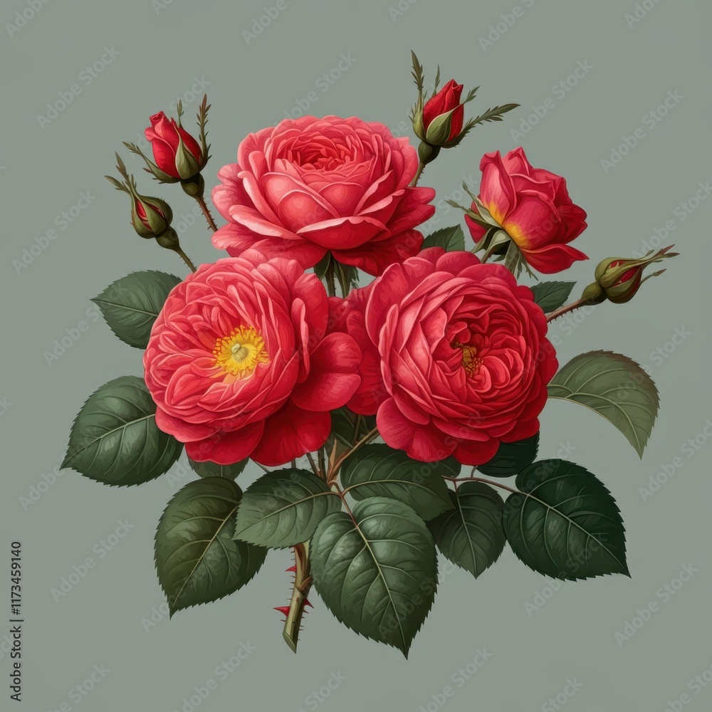 Vibrant red roses, lush green leaves, dark moody background, oil ...