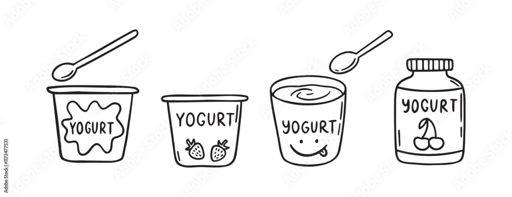 yoghurt and package of yogurt doodle hand drawn icon set. Outline ...