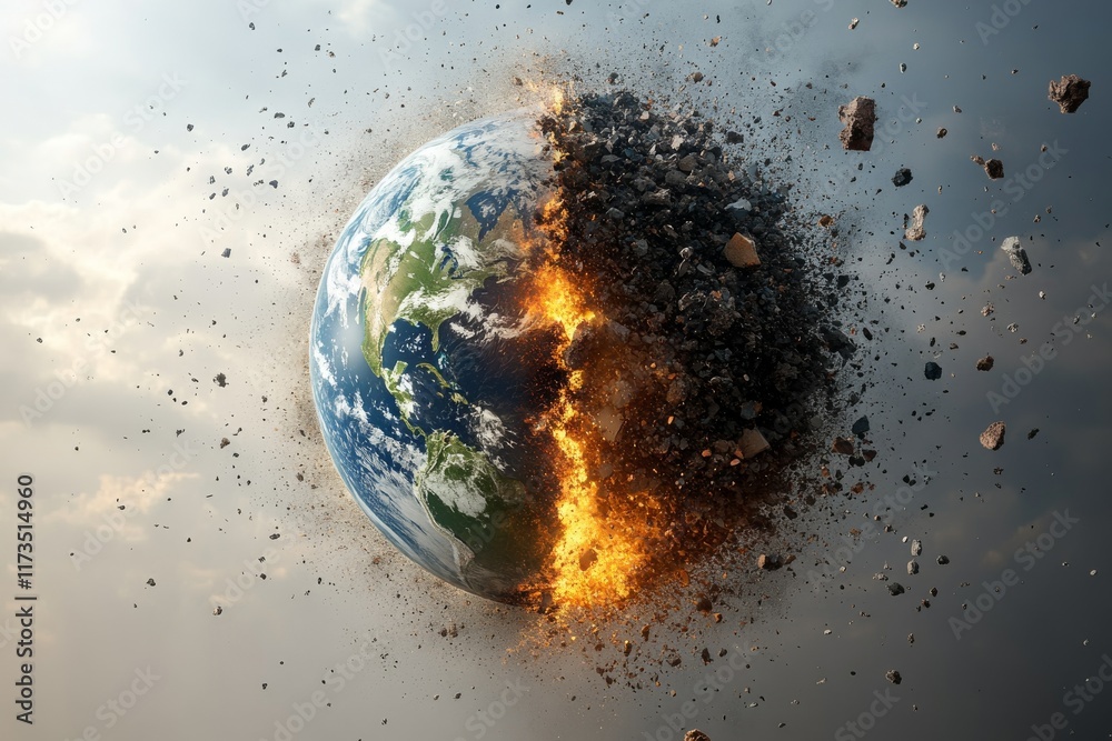 Visual representation of Earth's destruction showing half natural ...