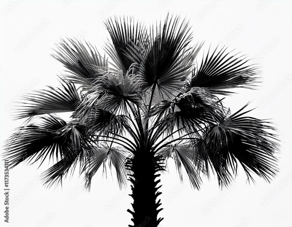 high contrast palm tree silhouette with detailed fronds on a white ...