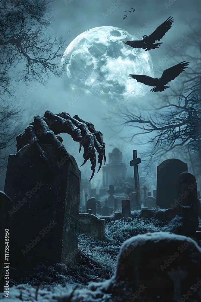 Horror Magazine Cover Design, Foggy Cemetery, Ancient Graveyard ...