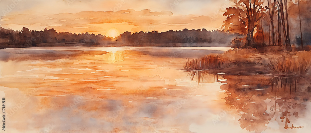 watercolor painting of a lake and forest in mocha mousse hues ...