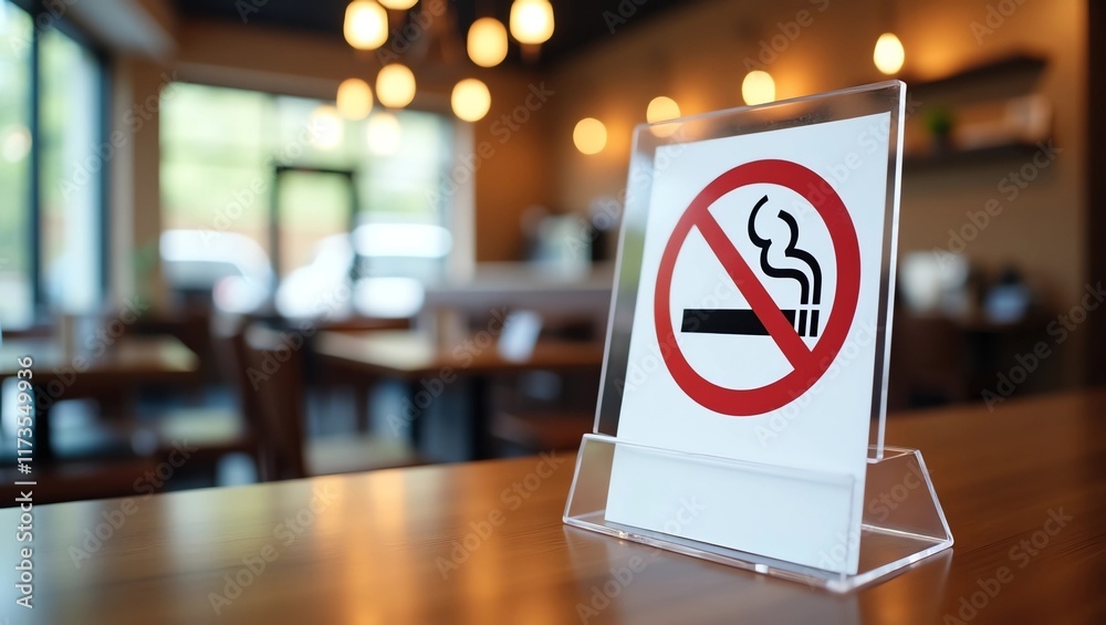 no smoking sign, restaurant table, blurred background, depth of field ...