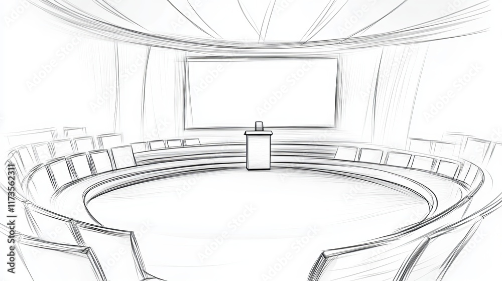 Design sketch of an auditorium featuring the seating area, stage, and ...
