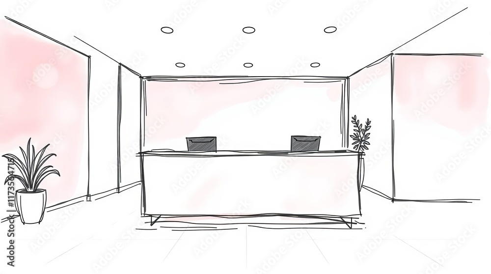 Reception Desk with Curved Pink Counter in Minimalist Interior and ...