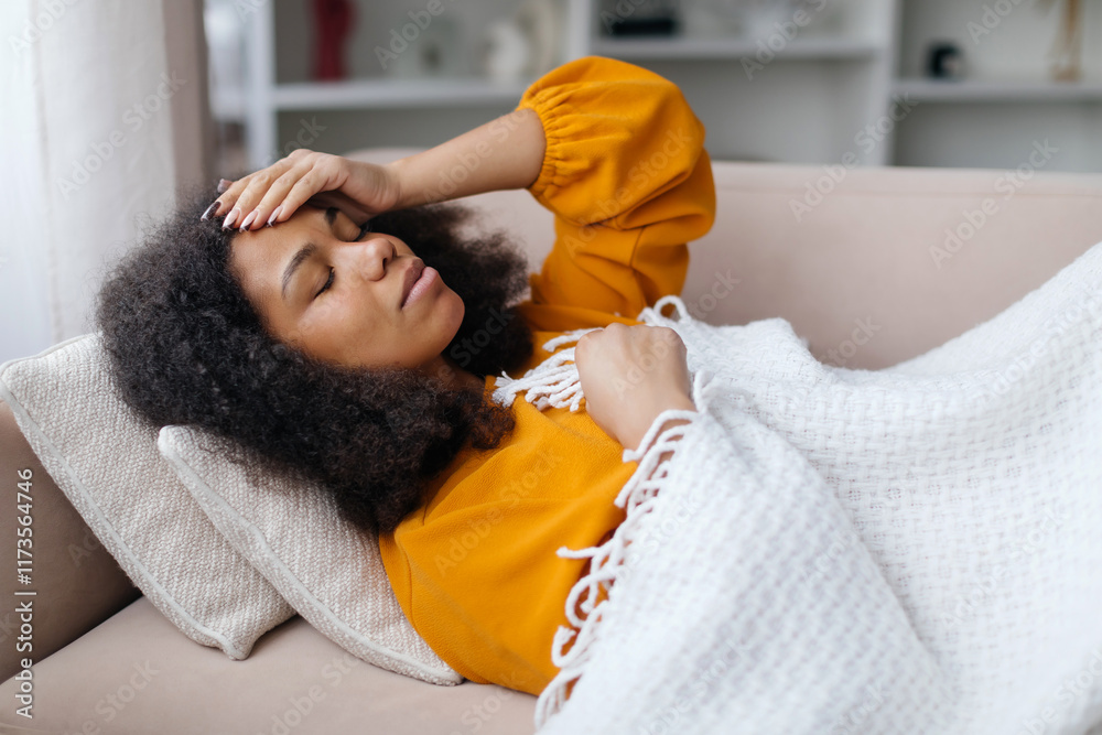 Sick black woman lying on couch, feeling unwell at home, ill african ...